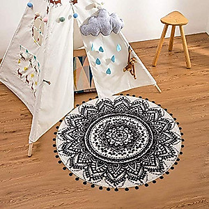 LIVEBOX Boho Bathroom Rug 2ft Machine Washable Black and Cream Small Mandala Round Area Rug with Chic Pom Pom Fringe Non-Slip Ultra Soft Throw Sofa Mat for Bedroom Playroom Kids Room