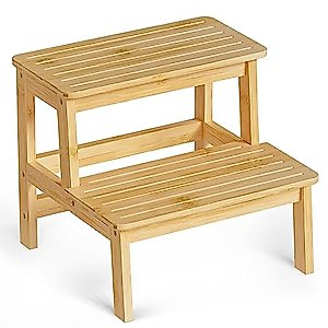 Domax Bamboo Wooden Step Stools for Kids - Toddler Step Stool for Bathroom Sink High Bed Toilet Kitchen Helper Wood Step Stool for Bedside for Adults Non-Slip Waterproof 2 Stepping Stool, Natural