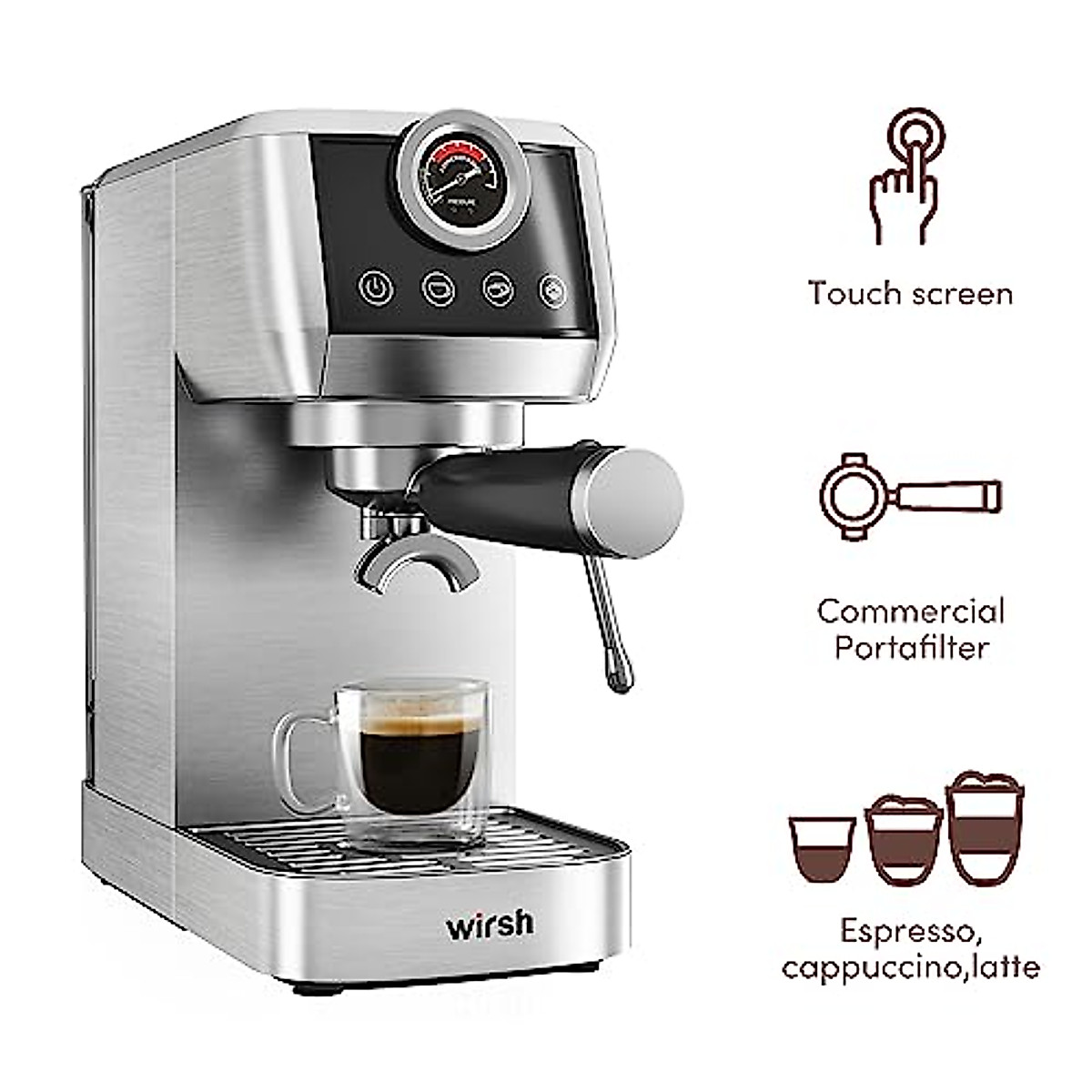 Espresso Machine, Wirsh 20 Bar Espresso Coffee Maker with Plastic Free Portafitler and Steamer for Latte and Cappuccino, Expresso Coffee Machine with Pressure Gauge, Touch Screen, Full Stainless Steel (Home Barista Plus)
