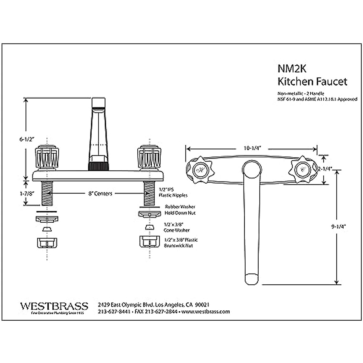 Westbrass NM2K-07 8" 2-Handle Acrylic Non-Metallic Kitchen Faucet, Satin Nickel