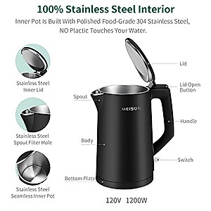 MEISON Electric Kettle, 1.7 L Double Wall Food Grade Stainless Steel Interior Water Boiler, Coffee Pot & Tea Kettle, Auto Shut-Off and Boil-Dry Protection, 1200W, 2 Year Warranty(Black)