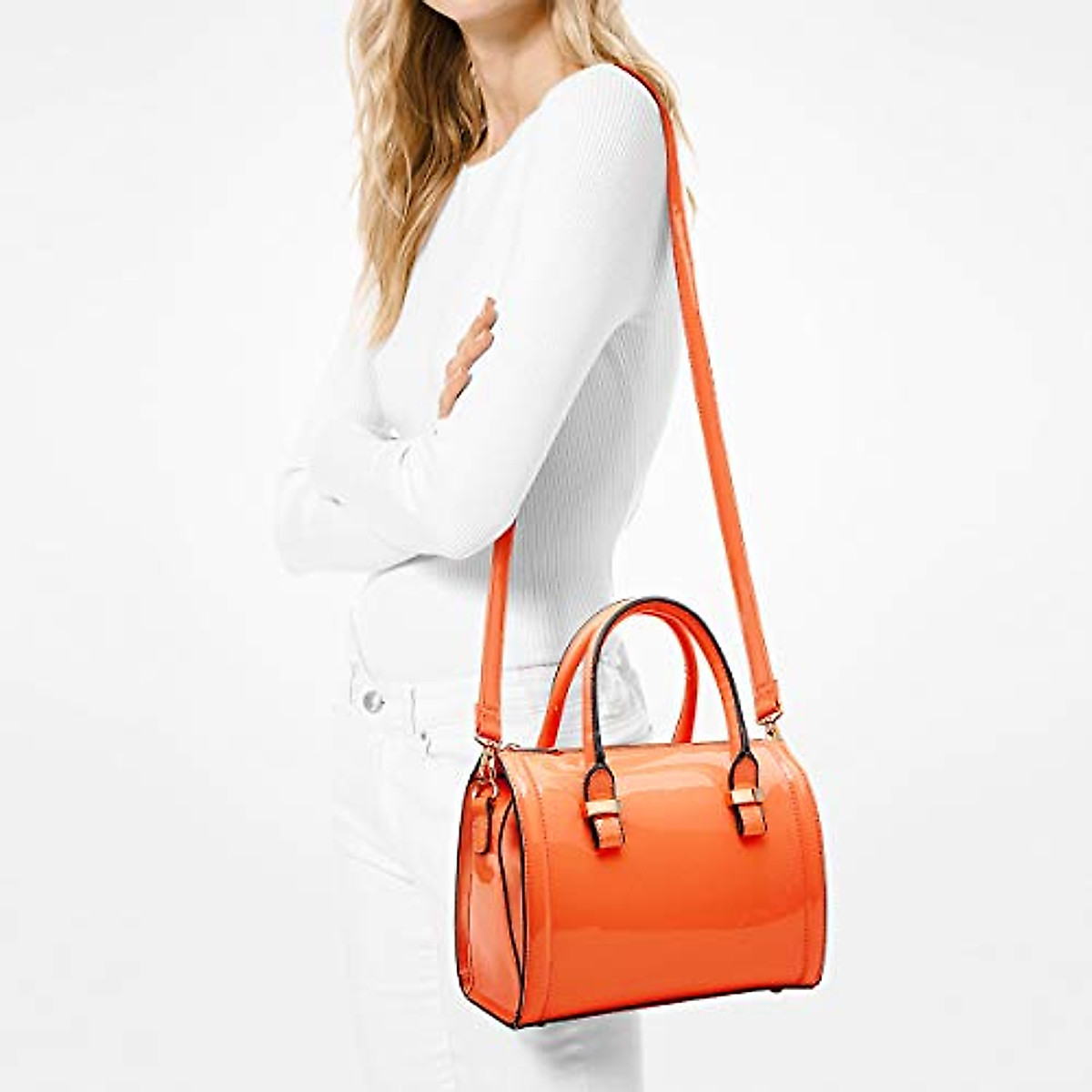 Dasein Shiny Patent Faux Leather Mini Barrel Body Satchel Handbag Shoulder Bag - Orange-new