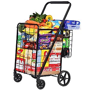 Goferoy Jumbo Shopping Cart for Groceries Holds up to 115L/200Ibs,with 360°Rolling Swivel Wheels Utility Cart, Double Basket Design, ,Foldable and Easy to Carry, Saving Space,Grocery Cart on Wheels