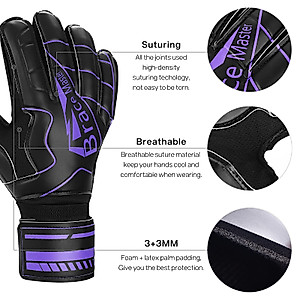 Goalie Gloves for Youth & Adult, Goalkeeper Gloves Kids with Finger Support, Black Latex Soccer Gloves for Men and Women, Junior Keeper Football Gloves for Training and Match