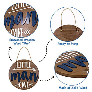 Little Man Cave Wooden Round Door Sign for Little Boy Nursery Room Wall Art Natural Wood Baby Toddler Kids Bedroom Living Room Hanging Rustic Farmhouse Decor -Blue