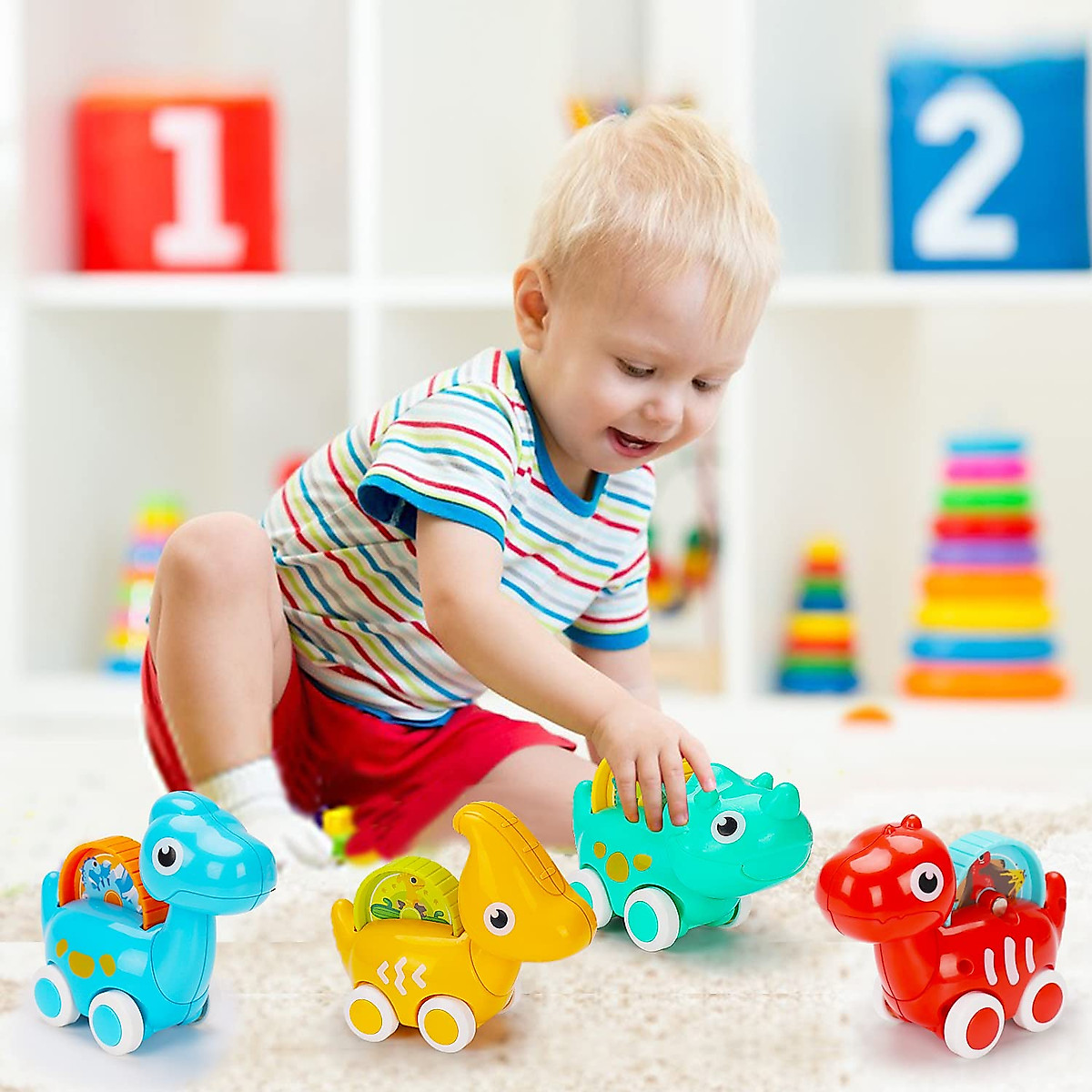 Dinosaur Cars Toys for 1 Year Old Boys Girls 4 Vehicle with Play Mat/Storage Bag Early Educational Infant Toys 6 9 Month Baby Toys 12-18 Month Birthday Gift for One Year Old Boy Toddler Toys Age 1-2