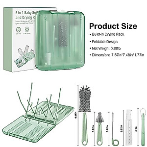 7 in 1 Bottle Brush Set-Travel Brush Cleaner Kit with Extendable Silicone Bottle Brush,Drying Rack,Nipple Brush,Straw Brush,Soap Dispenser & Storage Box,Baby Travel Essential for Moms (Green)