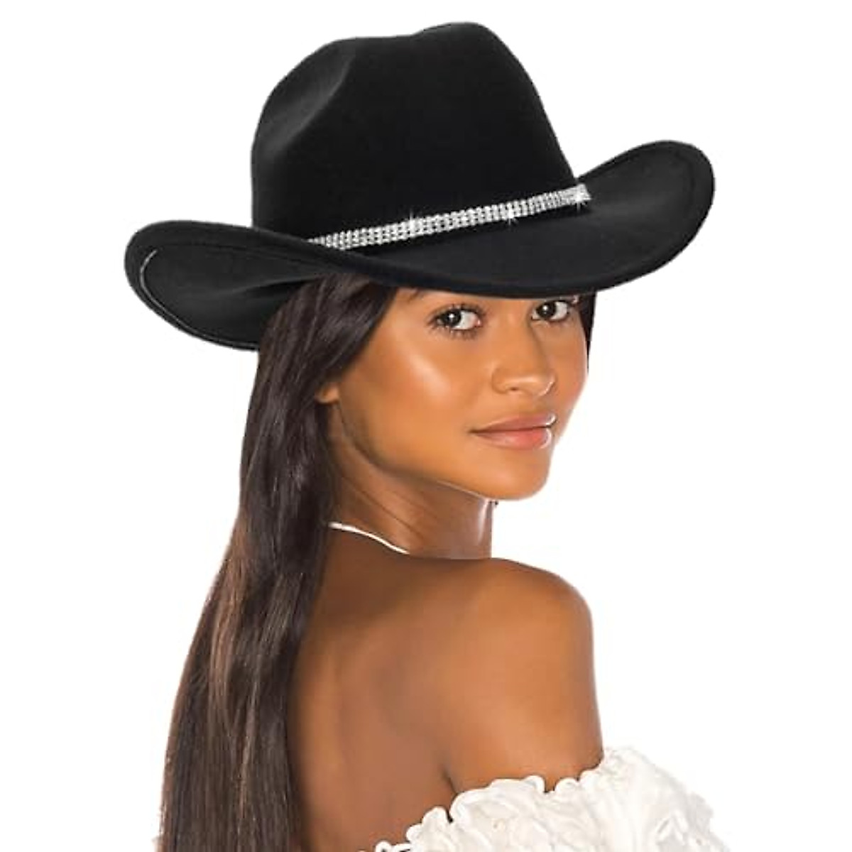 Women-Rhinestone-Western-Cowboy-Hats - Vintage-Wide-Brim-Cowgirls-Hat Bling-Diamond-Hat for Disco Music Party M/L Black