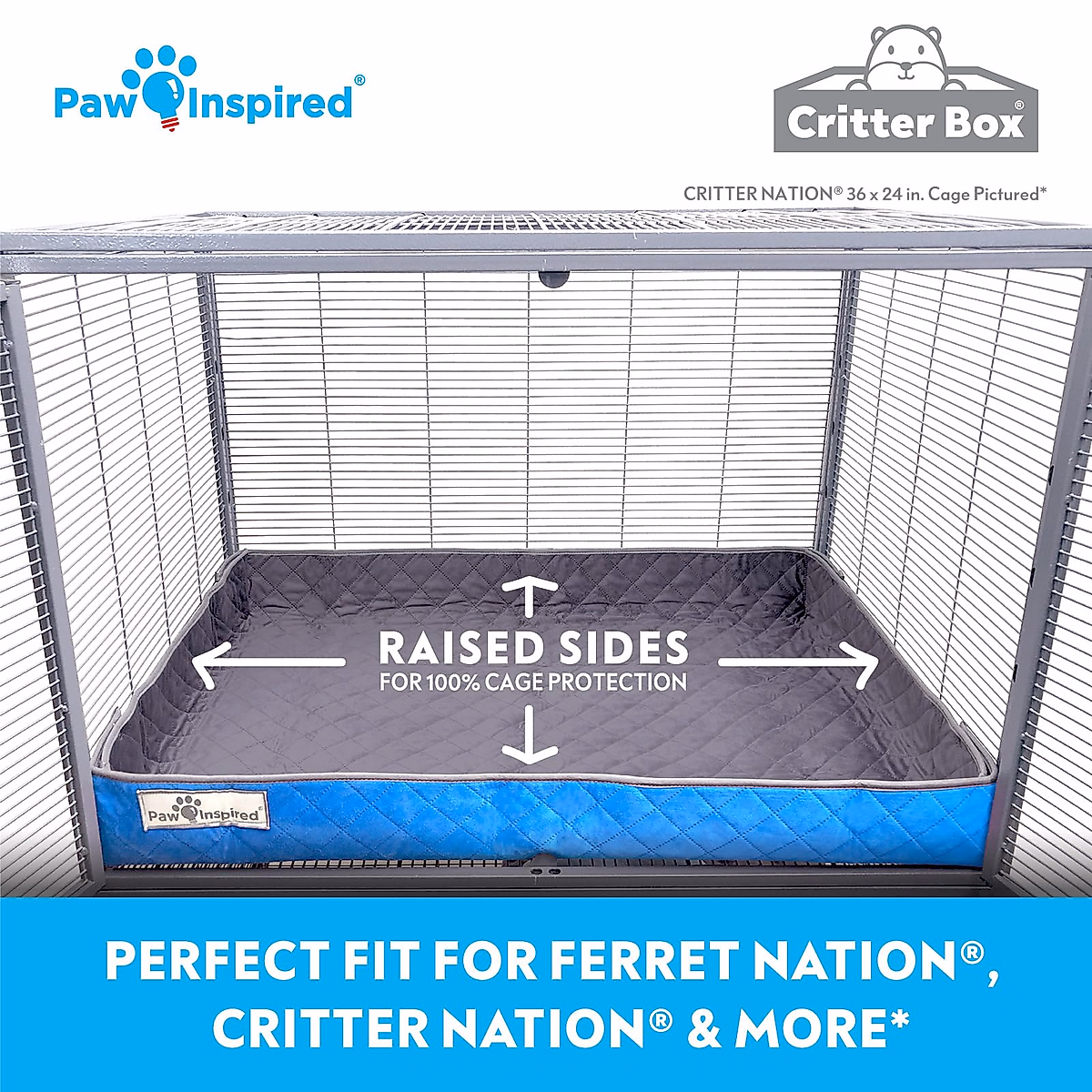 Paw Inspired Critter Box Washable Cage Liner, Reversible Fleece Bedding with Raised Sides for Ferrets, Guinea Pigs, Rats, Chinchillas, and Other Small Animals (Critter Nation/Ferret Nation, Gray/Blue)