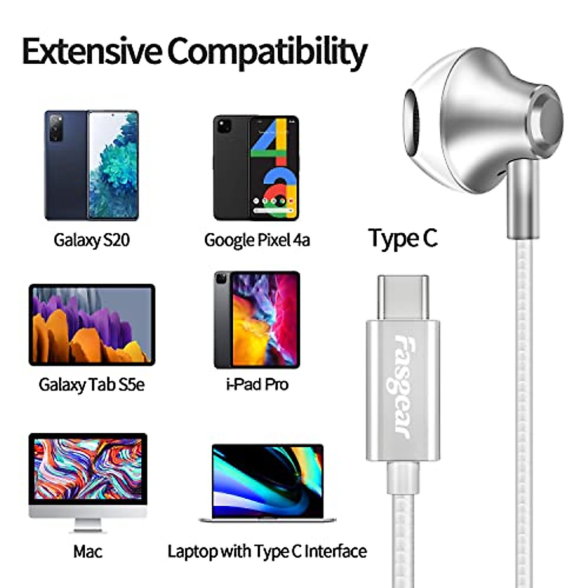 Fasgear USB C Headphones in Ear Wired Earphones with Mic,Deep Bass HiFi DAC Headset Compatible for Galaxy S21 Ultra/S20 /Note 10,Google Pixel,iPad Pro 2020,Type-C Earbuds for Oneplus 8 Pro 7T (White)