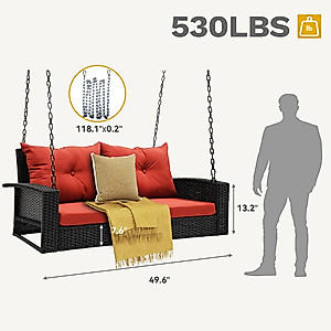 DWVO 2-Seats Wicker Hanging Porch Swing Chair Outdoor Black Rattan Patio Swing Lounge w/ 2 Back Cushions Capacity 530lbs for Garden, Balcony, Living Room, Red
