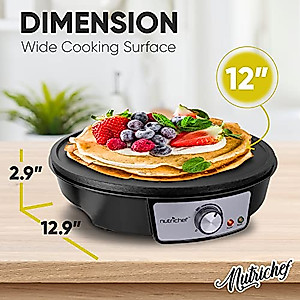 Electric Griddle Crepe Maker Cooktop - Nonstick 12 Inch Aluminum Hot Plate with LED Indicator Lights & Adjustable Temperature Control - Wooden Spatula & Batter Spreader Included - NutriChef PCRM12