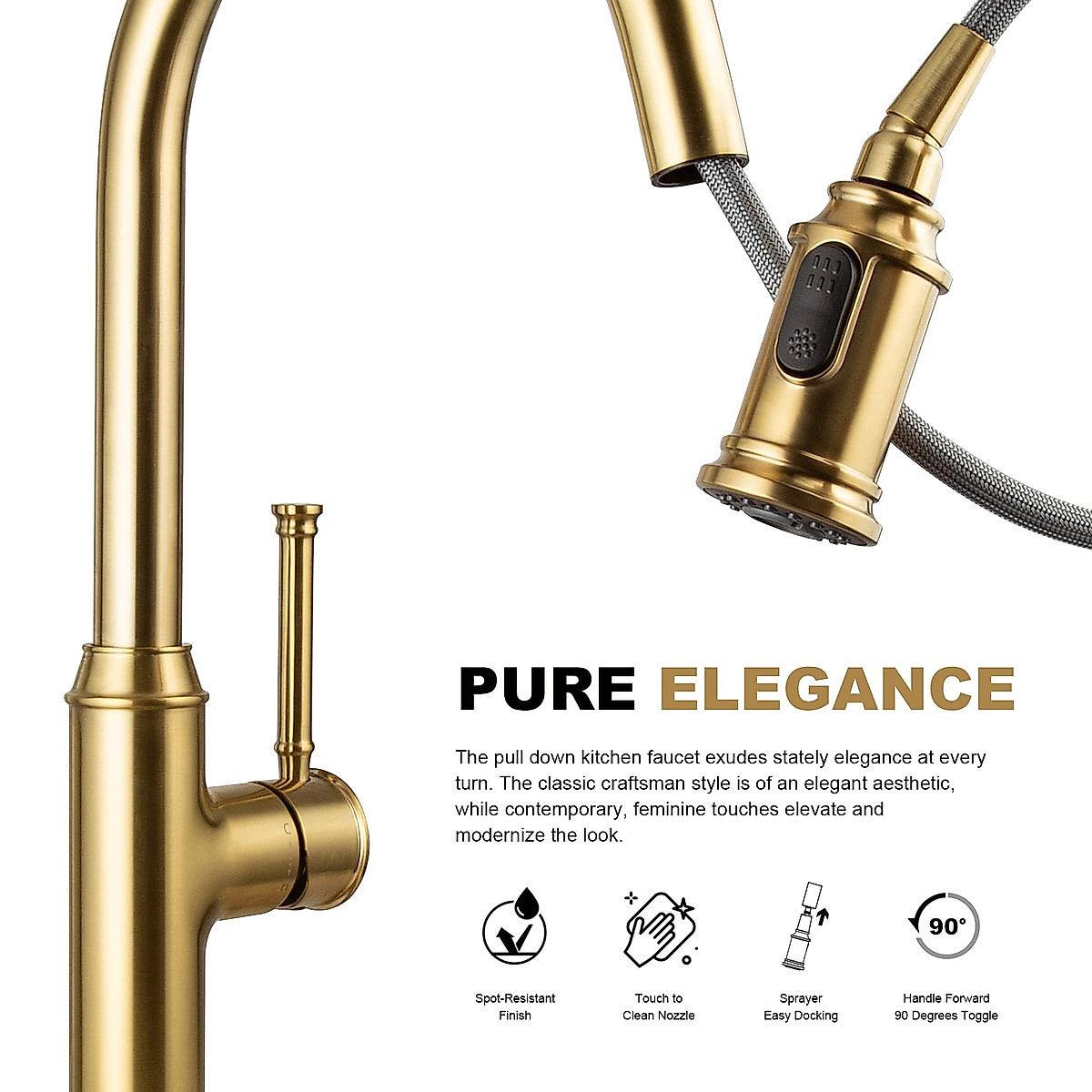 Brushed Gold Kitchen Faucet with Pull Down Sprayer, Lava Odoro Single Handle Gold Kitchen Sink Faucet, Brushed Brass Faucet for Kitchen Sink 1 Hole and 3 Hole, Deck Plate Included, KF421-SG