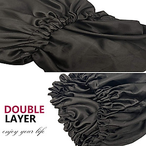 Satin Bonnets, Adjustable Satin Bonnets for Women, Double Layer Large Sleeping Silk Bonnet, Soft Sleep Bonnet for Women Girls Curly Natural Hair Night Sleep Cap(Black)
