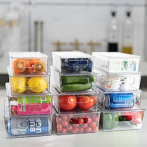 MASSUGAR Refrigerator Organizer Bins with Lid, 12 Pack Plastic Freezer Organizer Bins - Stackable Fridge Organizers and Storage for Freezer, Kitchen - Clear Pantry Organization and Storage Bins