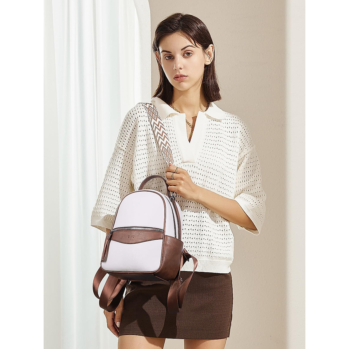 CLUCI Mini Backpack Purse for Women Fashion Leather Small Backpacks Ladies Shoulder Backpack Convertible Handbags Beige with Brwon