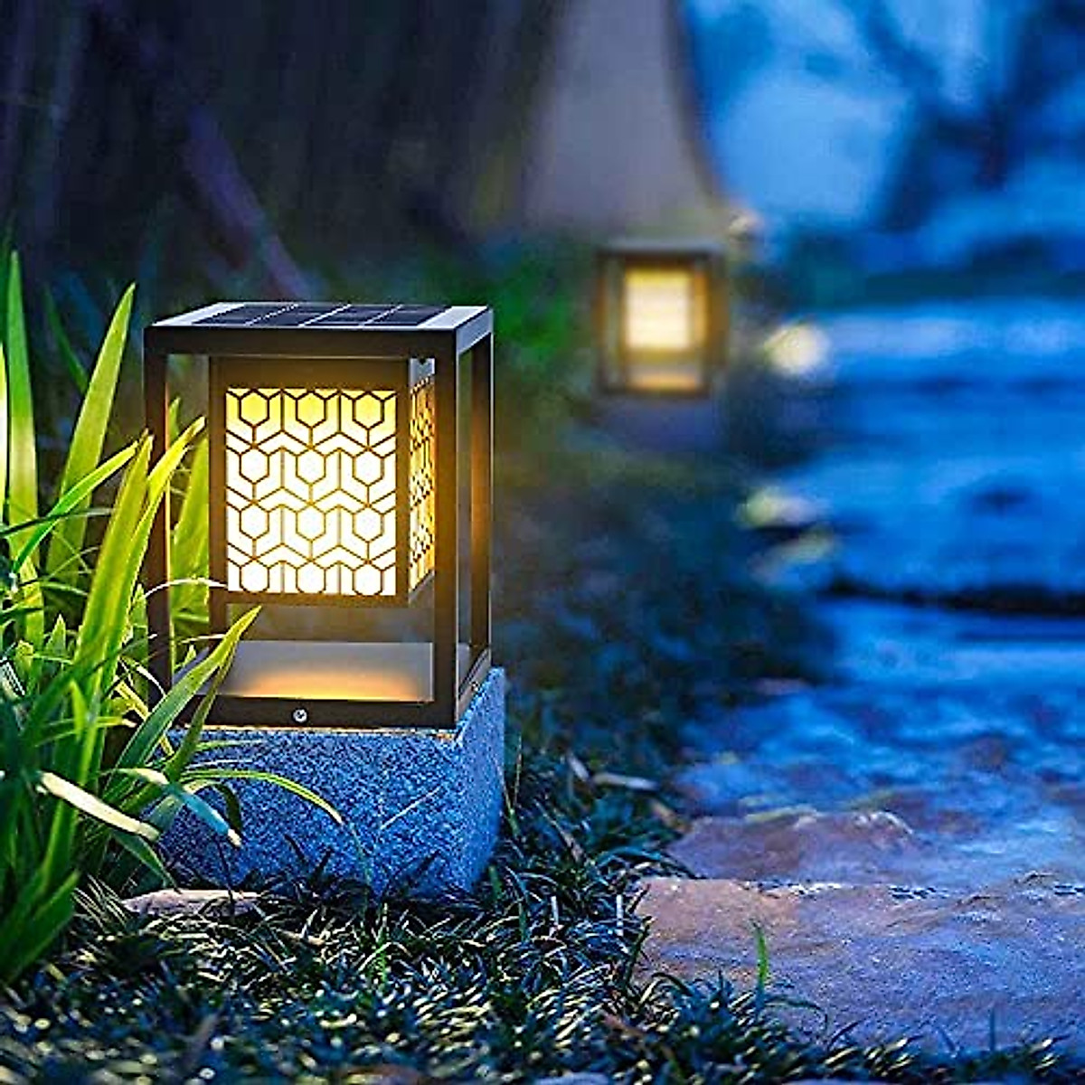 Mrdsre Chinese Style Solar Column Lights Black Finish Square Solar Column Light Post Lantern Stainless Steel Waterproof Outdoor Light Rainproof Waterproof Pillar Lamp Courtyard Lamp Garden Villa Lands