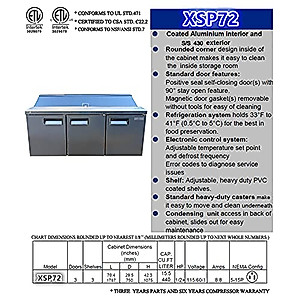 Commercial Refrigerated Sandwich Prep Table 3-door 72" Salad Stainless Steel Refrigerator for Restaurant Kitchen 70" W x 30"D x 42"H inch 33℉-41℉-XSP72