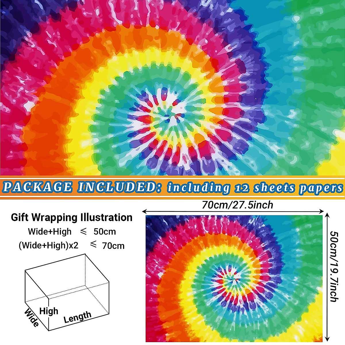 Bolsome Colorful Tie Dye Wrapping Paper Rainbow Gift Wrap Paper for Birthday Christmas Baby Shower DIY Craft, 19.7 x 27.6'', Folded Flat, 12 Sheet