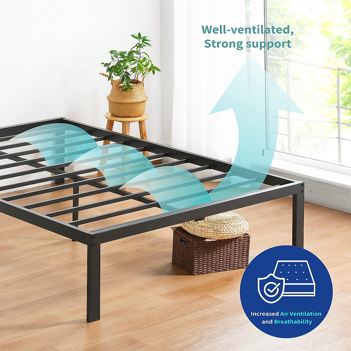 Olee Sleep 16 Inch Dura Metal Steel Slate Bed Frame, Twin XL, Black
