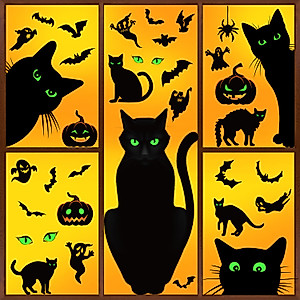 Quera Large Halloween Window Clings Black Cat Window Decorations Glow in The Dark Spooky Pumpkin Window Stickers Halloween Silhouette Window Stickers for School Home Office Party Decals, Double-Side
