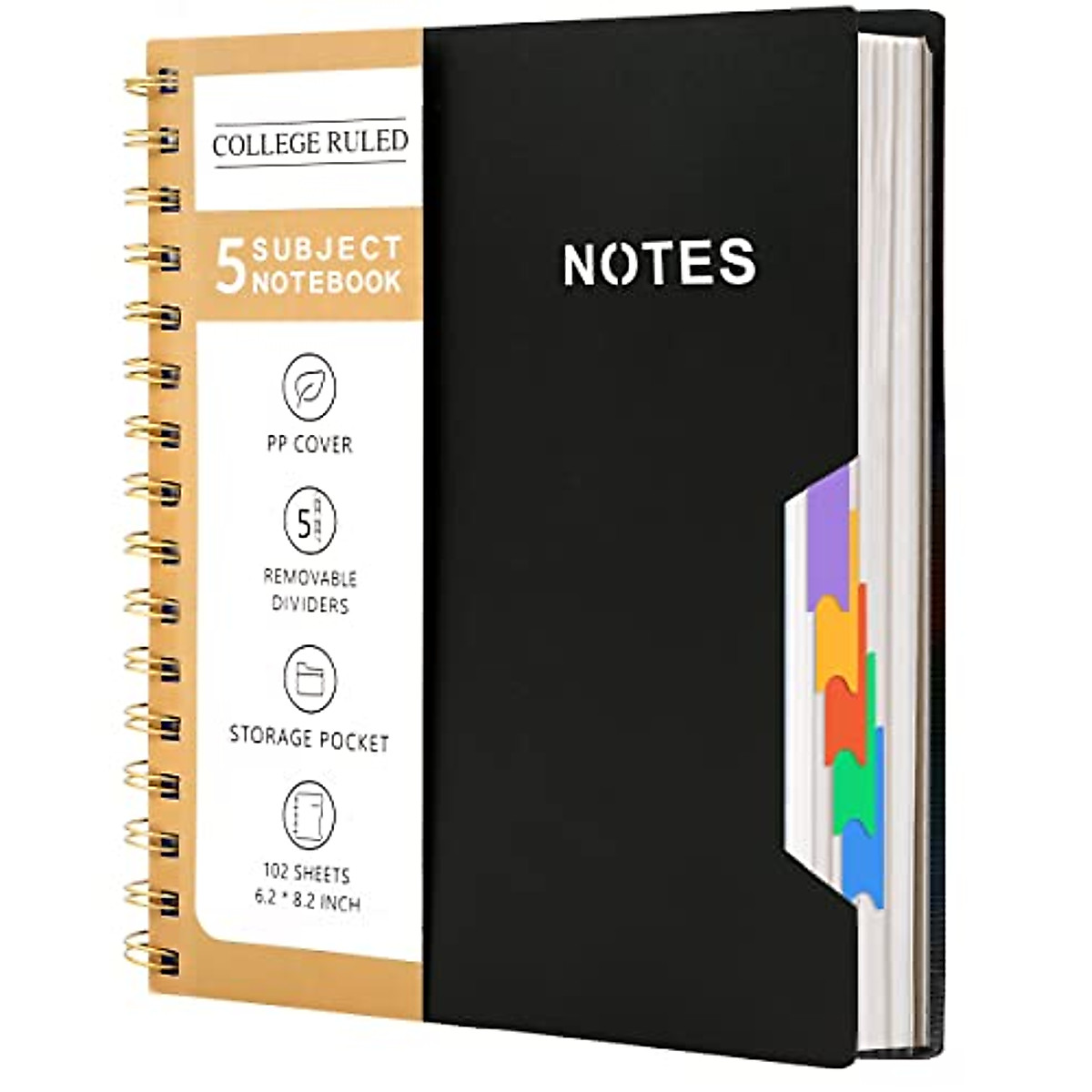 CAGIE 5 Subject Notebook College Ruled 6'' x 8'' Hardcover Spiral Lined Notebook with 5 Removable Colored Dividers 204 Pages Notebooks for Work, School Supplies, Home & Office, Writing Journal