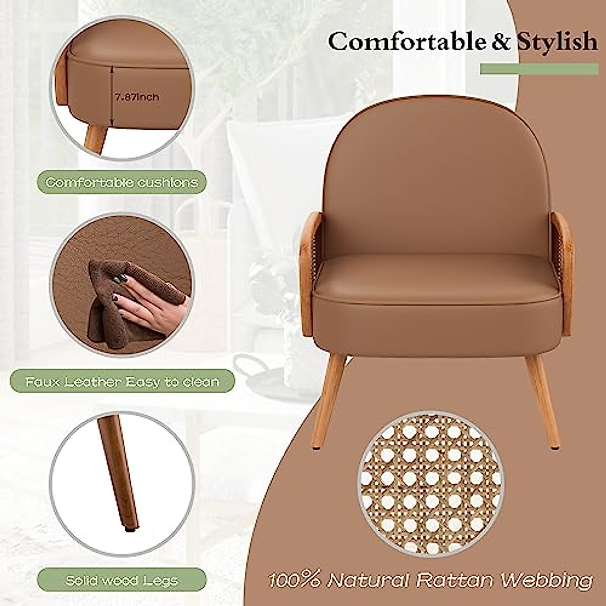 Aklaus Mid Century Modern Accent Chair Armchair with Rattan Arms Upholstered Rattan Boho Accent Chair for Living Room Bedroom Balcony Faux Leather Reading Chairs Side Club Chair Brown