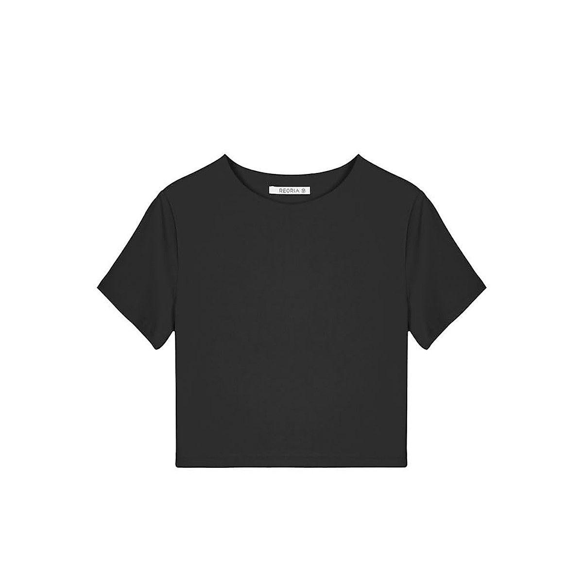 REORIA Women's Summer Cute Short Sleeve High Neck Double Lined Tight Casual Basic T Shirts Yoga Crop Tops Tees Black Medium