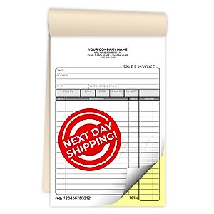 Custom Carbonless NCR Sales Invoice Form Books 5.5 x 8.5 Inches - NCR 2-Part Staple Bound Pads with Manila Cover Personalized with Company Name and Number Printed (100 Sets)