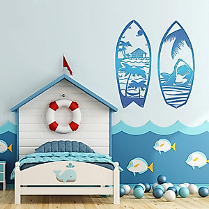 4Pcs Metal Surf Board Wall Decor Summer Surfboard Beach Signs Shark Palm Tree Wall Art Tropical Wall Decor Hanging Coastal Wall Decor Sea Turtle Wall Decoration for Wall Door (Blue)