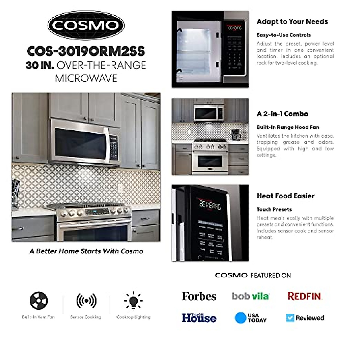 COSMO COS-3019ORM2SS Over the Range Microwave Oven with 1.9 cu. ft. Capacity, 1000W
