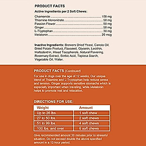 Chew + Heal Dog Calming Treats - 60 Soft Chews, Anxiety Supplement - Stress Relief Thiamine and L-Tryptophan for Travel, Storms, Fireworks - with Ginger and Melatonin - Made in The USA