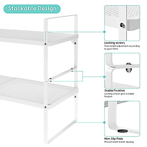 jkxoo 2Pack Expandable Cabinet Shelf Organizers, Stackable Metal Cabinet Shelves Extender for Kitchen Cabinet Countertop Storage, Adjustable Spices Shelves Rack Stand for Cupboard Pantry, White