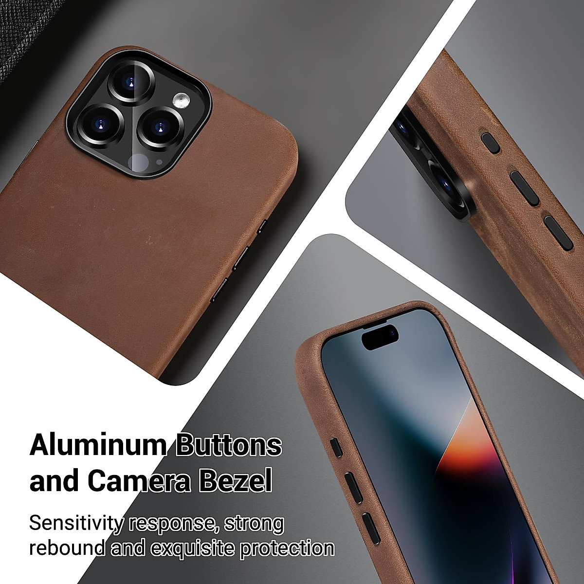 Belemay Compatible with iPhone 15 Pro Max Leather Case Magsafe-Top Grain Vintage Crazy Horse Leather-Metal Buttons Camera Bezel-Slim Fit-Precision Crafted Premium Phone Cover (6.7-inch)-Retro Brown
