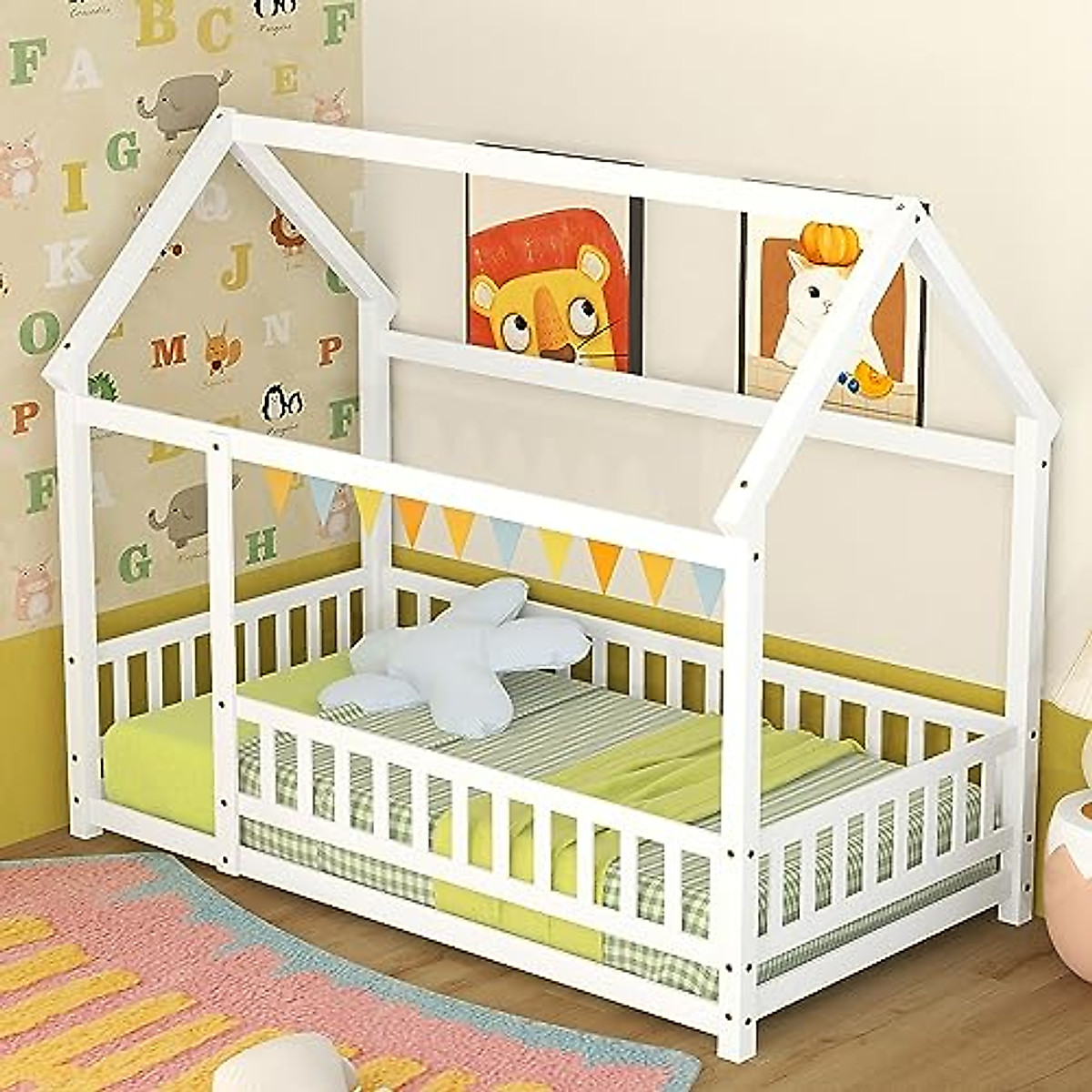 Bellemave Twin Size House Floor Bed,Wooden Montessori Bed with Fence and Roof for Kids,Playhouse Twin Bed Frame for Girls,Boys(Twin,White)