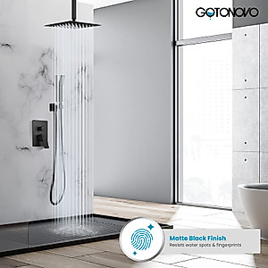 gotonovo Bathroom Matte Black 10 Inch Rainfall Shower Head Ceiling Mount with Handheld Spray Shower Mixer Faucet Luxury High Pressure Shower Combo Set Rough-in Valve and Shower Trim Included