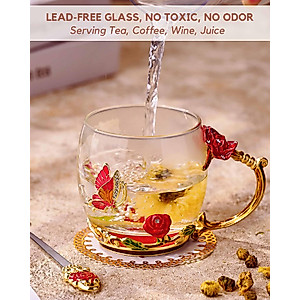 ColoVie Glass Tea Cups Set with Spoon, Coaster- 3D Red Flower Butterfly Coffee Mugs- Lead-Free Glass Coffee Cups- Best Birthday Gifts for Her, Women, Mom- Enamels Mug- Mothers Day Gifts from Daughter