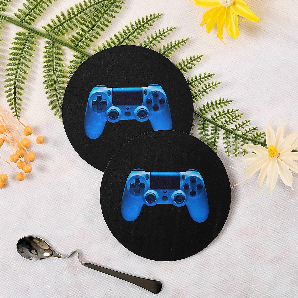 Video Game Joystick Gamepad in Blue Neon Lights Isolated on Black 4 Pcs Tea Wooden Round Coaster Set, Non-Slip Lightweight Wooden Coaster for Party Home Office Kitchen Bar Coffee Table