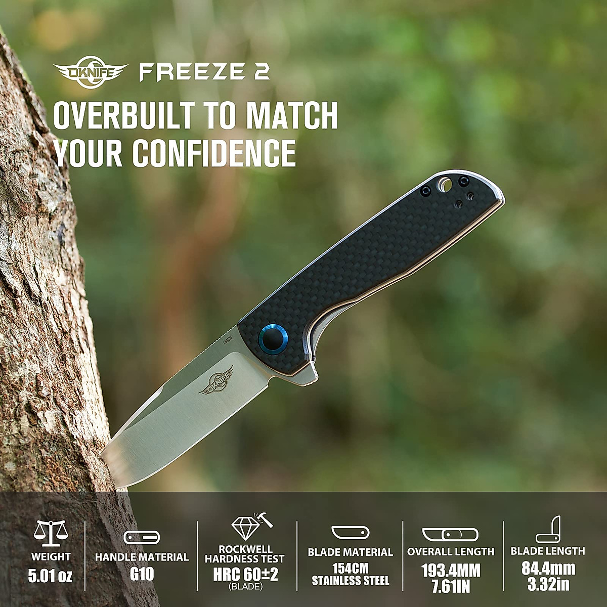 OKNIFE Freeze 2 Folding Pocket Knife, EDC Folding Knife with Carbon Fiber Overlay Handle, 154CM Steel Blade and Ceramic Ball Bearing Washer for Camping