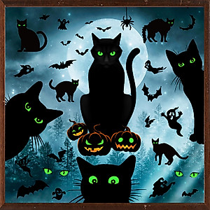 Quera Large Halloween Window Clings Black Cat Window Decorations Glow in The Dark Spooky Pumpkin Window Stickers Halloween Silhouette Window Stickers for School Home Office Party Decals, Double-Side
