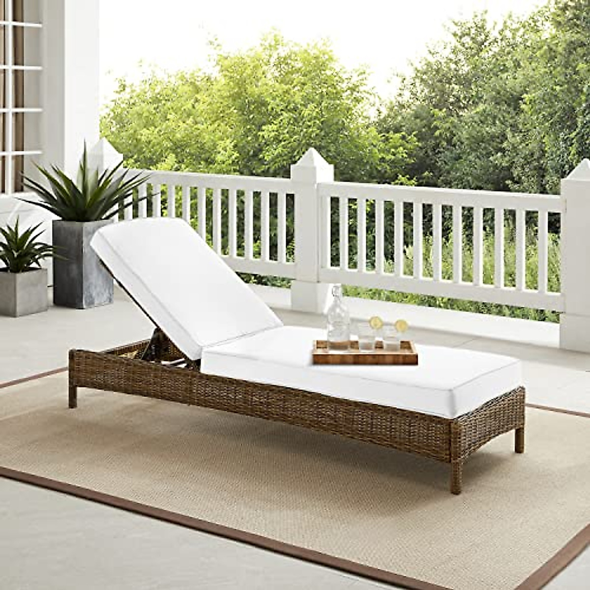 Crosley Furniture Bradenton Reclining Wicker Outdoor Chaise Lounge Chair with Sunbrella Patio Cushions, Weathered Brown with Sunbrella Cushions