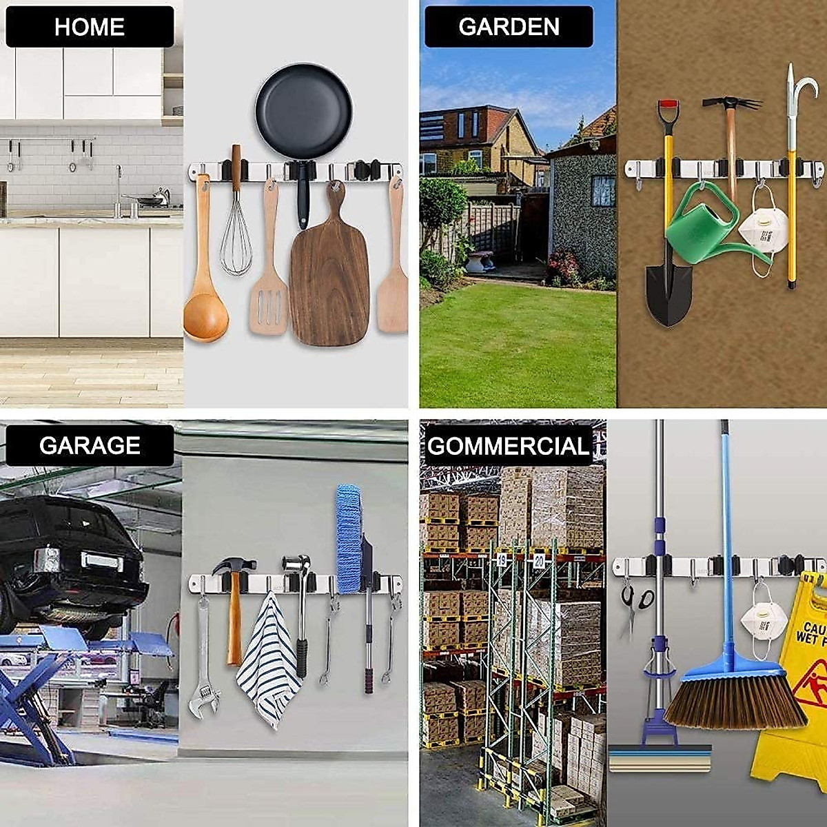 Mop Holder,Broom Organizer, 304 Stainless Steel Broom Holder with 3 Racks 4 Hooks, Wall Mount Garage Organizer Garden Tool Organizer,Hooks Hanger Rack Storage & Home Organization (1 Pack)