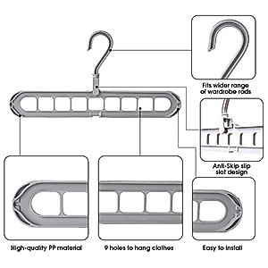 Closet Organizers and Storage Space Saving Hangers with 9 Holes of 6 Pack for Closet Organizer,Dorm Room Essentials,Closet Storage,Smart Closet Organization,Magic Space Saving Hanger (Gray)