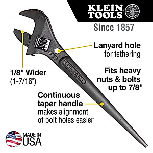 Klein Tools 3227 Extra Wide Adjustable Wrench, Construction Spud Wrench for Up to 1-7/16-Inch Nuts and Bolts, 10-Inch, with Tether Hole