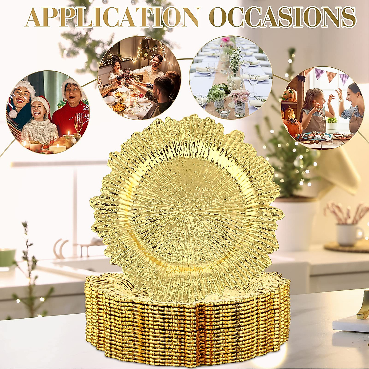 32 Pack Charger Plates Set Reef Plate Chargers for Dinner Table Serving Tray Floral Plastic Decorative Plates for Table Setting Wedding Party, 13 Inch (Gold)