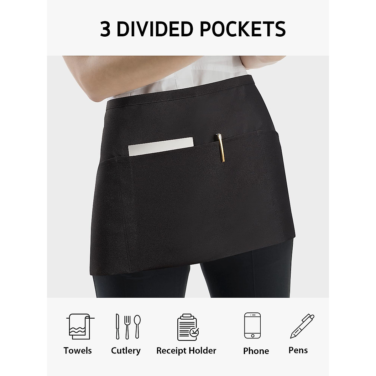 Syntus 2 Pack Server Apron with 3 Pockets, Waterdrop Resistant Waitress Waiter Waist Apron, 11.5-inch Black