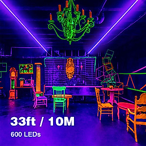 Onforu 32.8ft LED Black Light Strip Kit & Black Lights Bulb 2 Pack, 600 Units Lamp Beads, 12V Flexible Blacklight Fixtures, 10m LED Ribbon, A19 E26 Bulb, 385-400nm