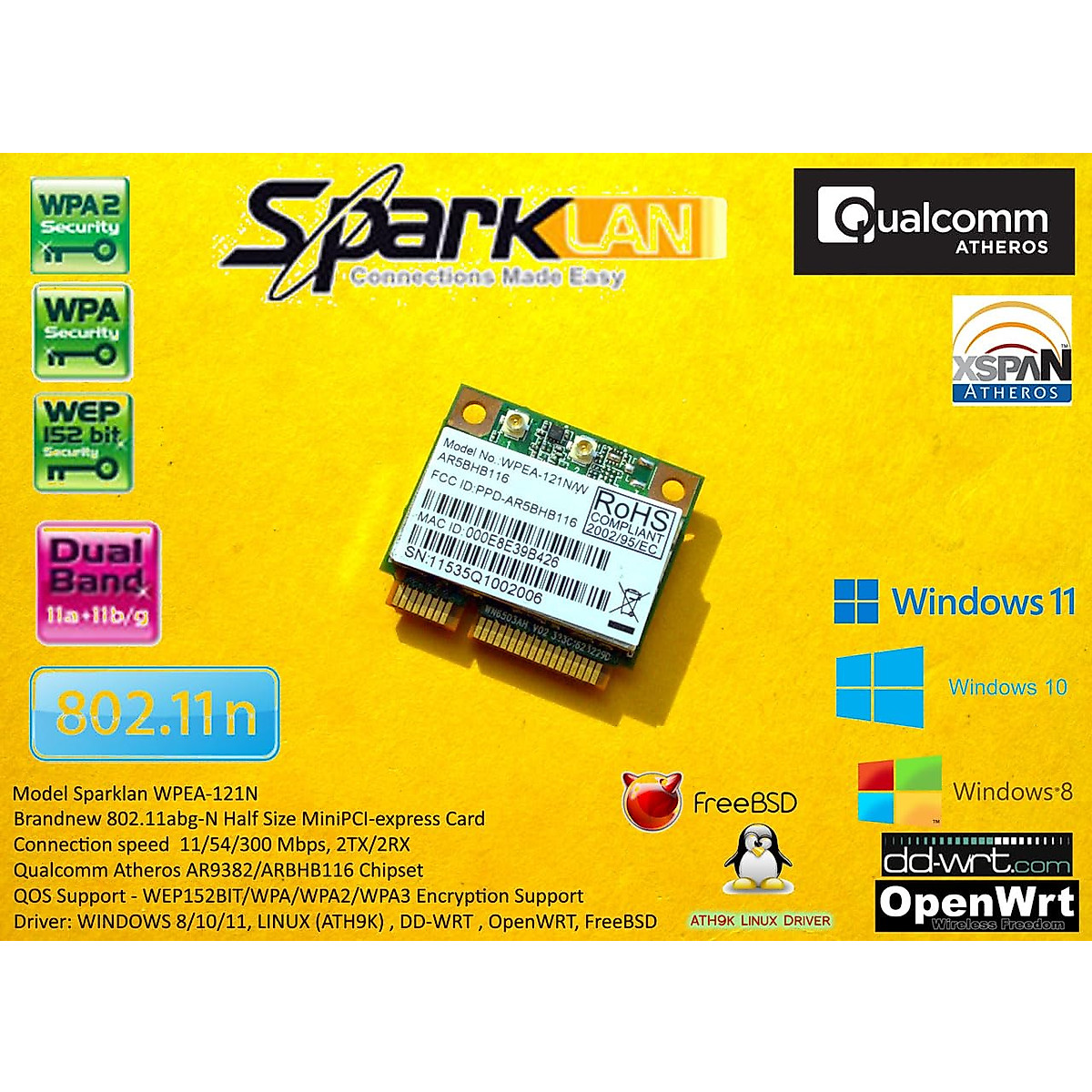 SparkLAN WPEA-121N/802.11a/n/b/g 2x2 MIMO/PCI-Express Half-Size MiniCard (Atheros AR9382)