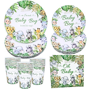 Jungle Safari Baby Shower Decorations Tableware Set Serves 24, Green Animals Paper Plates, Napkins, Paper Cups for Baby Boy Wild One Birthday Baby Shower Party Supplies
