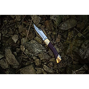 Uncle Henry LB7CP Bear Paw Traditional Lockback Pocket Knife with 3.7in Clip Point High Carbon S.S. Blade, Wood Handle, Brass Bolsters, and Leather Belt Sheath for EDC, Hunting, Camping, and Outdoors,Brown